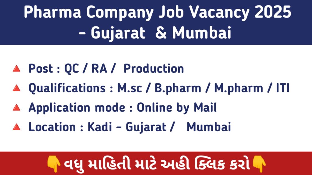 Pharma Job Vacancy 2025 Gujarat & Mumbai Location. - Latest 2025