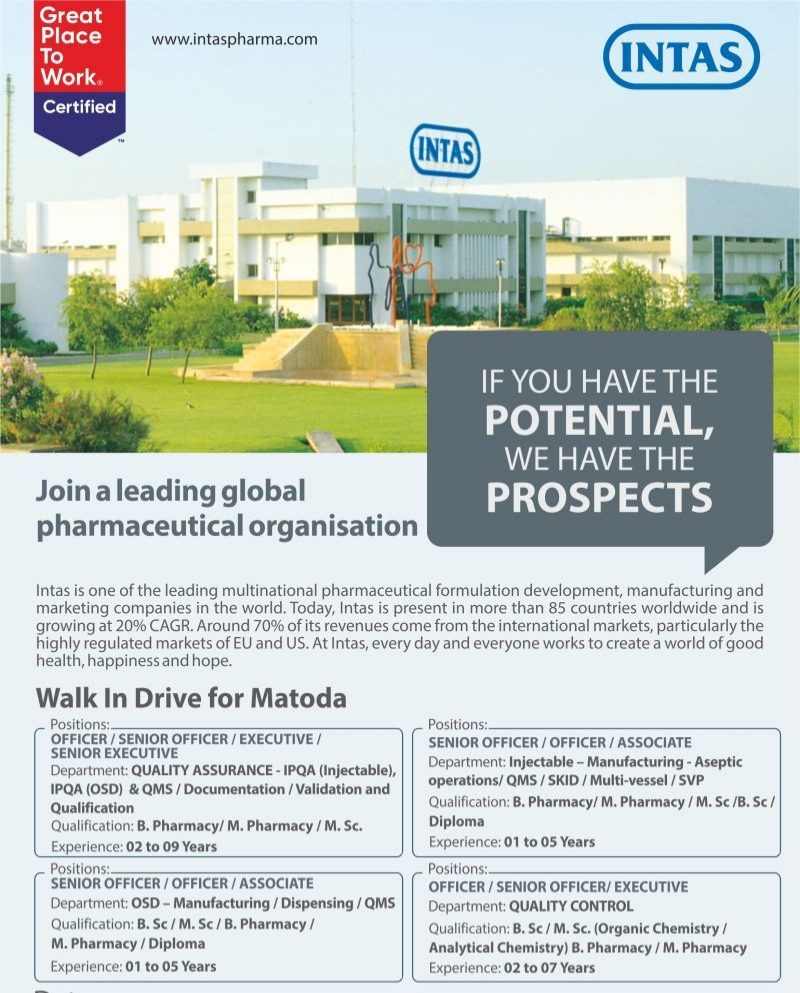 Intas Pharma Walk In Interview 2025 - www.Jobcrypko.com