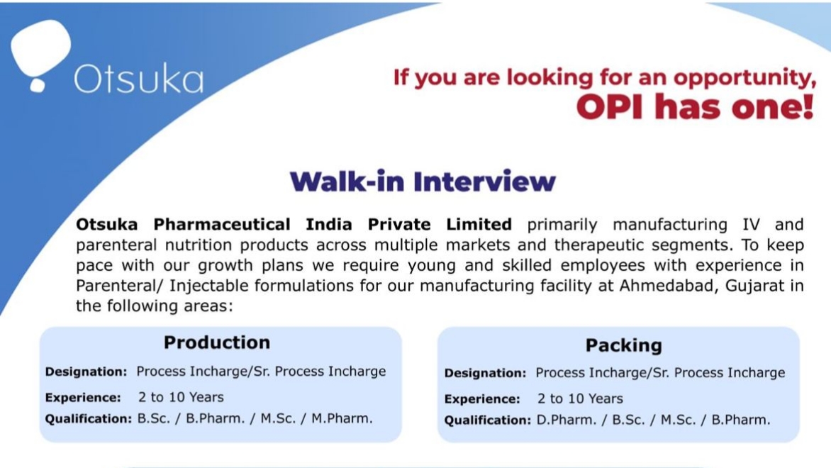 Otsuka Pharma Walk In Interview 2025 - www.Jobcrypko.com