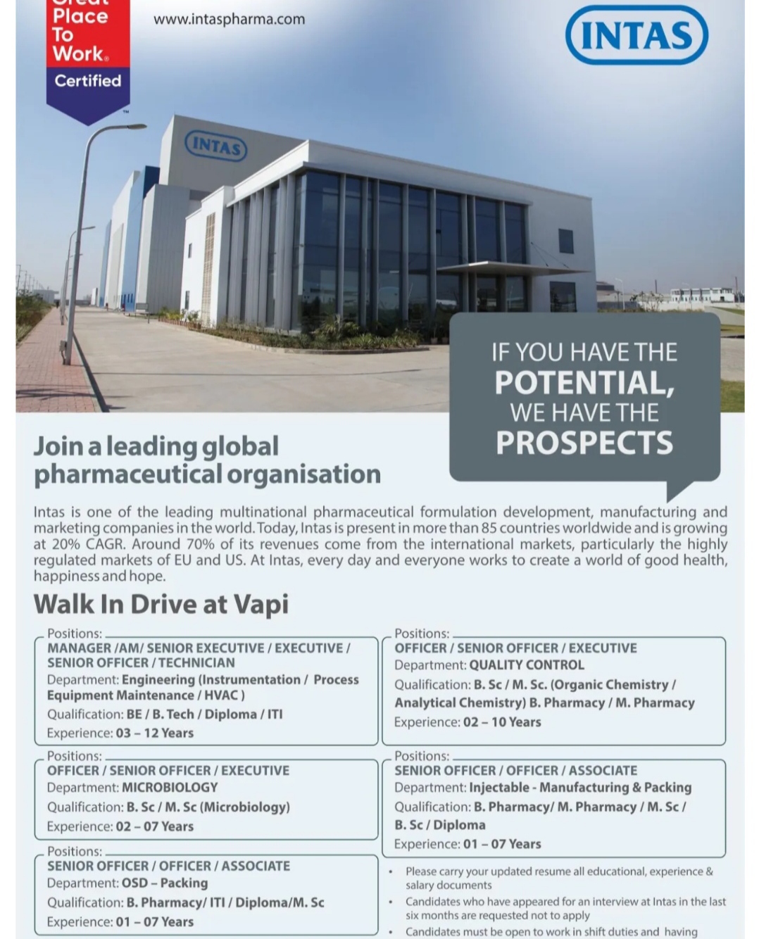 Latest Vacancy in Intas Pharma Walk in Interview 2025 - www.Jobcrypko.com