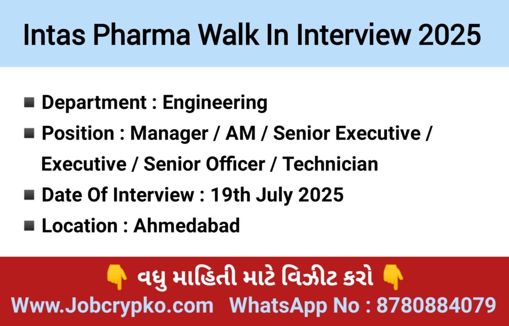 Intas Pharma Walk In Interview 2025 - www.Jobcrypko.com