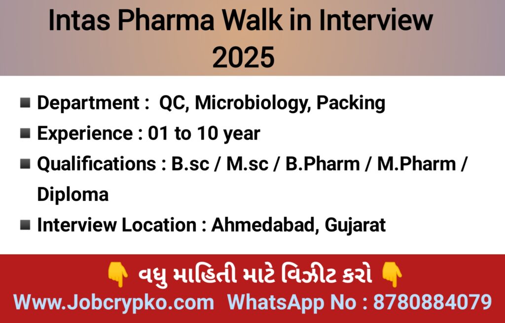 Intas Pharma Walk in Interview 2025 For QC, Microbiology, Packing ...