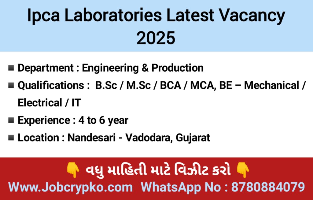 Ipca Laboratories Latest Vacancy 2025 - www.Jobcrypko.com